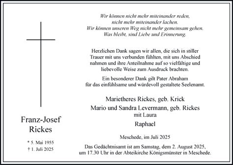 Traueranzeigen Von Franz Josef Rickes Trauer In Nrw De