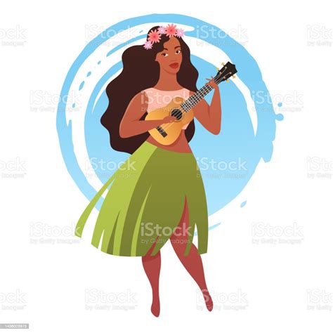 우쿨렐레 기타와 함께 전통적인 하와이 스커트를 입은 젊은 여성 흰색 배경에 고립된 벡터 일러스트 레이 션 Luau에 대한 스톡