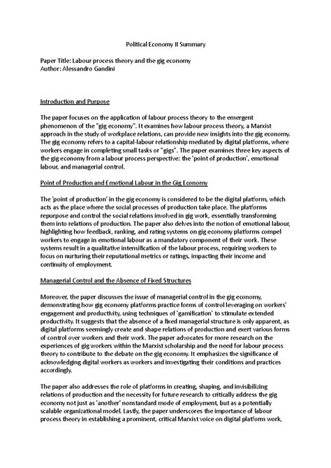 Pol Econ 2 Labour Process Theory Polical Economy Ii Summary Paper