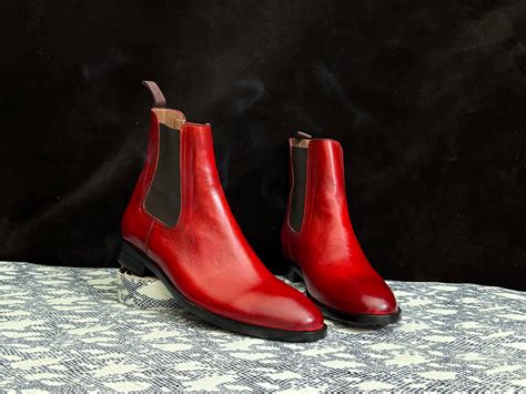 Handmade Red Chelsea Boots For Men In Cowhide Leather Goodyear Welted