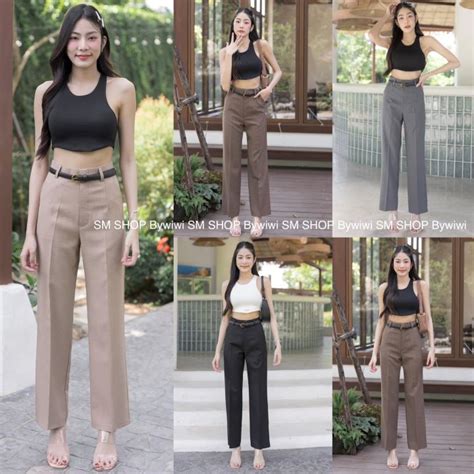 รุ่น Sk กางเกงขากระบอก เอวสูง ตะขอหน้า ผ้าสลาฟผ้าโซดา ป้ายsmshop Th