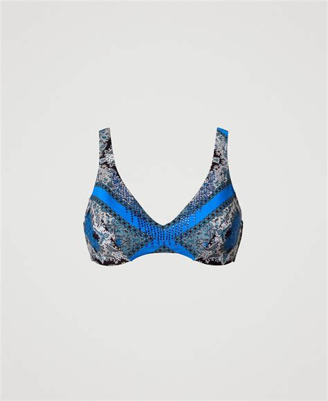 Triangle Bikini Top With Scarf Print Woman Blue Twinset Milano