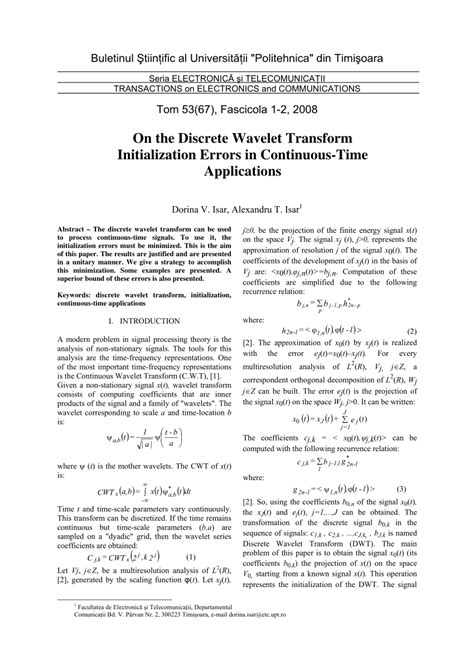 Pdf On The Discrete Wavelet Transform Initialization Errors In Continuous Time Applications