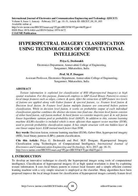 Pdf Hyperspectral Imagery Classification Using Technologies Of