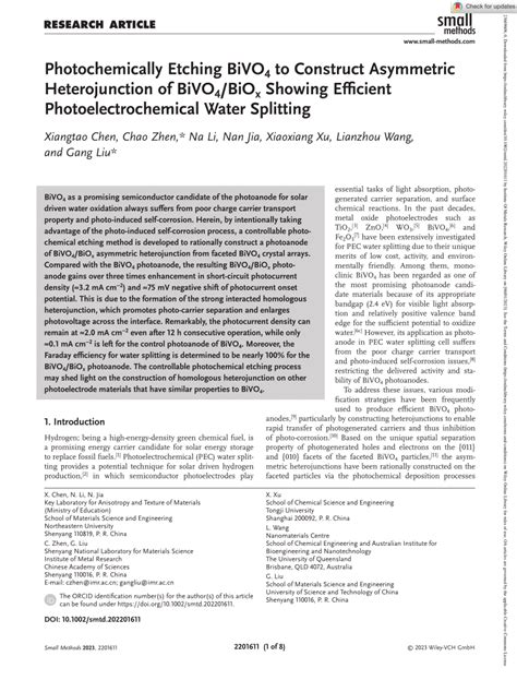 Pdf Photochemically Etching Bivo4 To Construct Asymmetric Heterojunction Of Bivo4 Biox