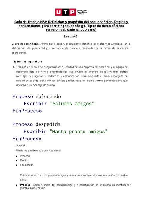 Algoritmo Semana 3 Guía De Trabajo N°3 Definición Y Propósito Del Pseudocódigo Reglas Y