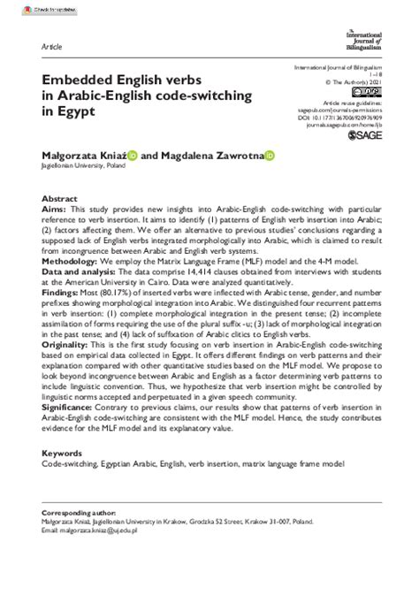 Pdf Embedded English Verbs In Arabic English Code Switching In Egypt