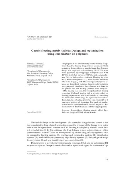 Pdf Gastric Floating Matrix Tablets Design And Optimization Using