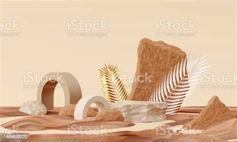 3d 렌더링 브라운 스튜디오에서 제품 모형 또는 화장품 프레젠테이션을 위한 최소 베이지색 스톤 디스플레이 연단 화장품에 대한