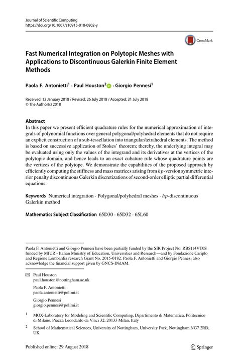 Pdf Fast Numerical Integration On Polytopic Meshes With Applications To Discontinuous Galerkin