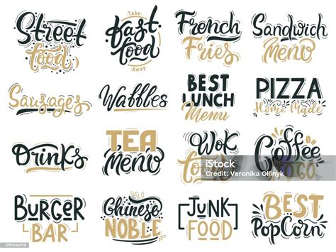 정크 푸드 따옴표 패스트 푸드 정크 및 길거리 음식 글자 음료 및 음식 손으로 그린 배지 카페 또는 레스토랑 음식 따옴표 벡터 일러스트 레이션 세트 컴퓨터 글자에 대한 스톡