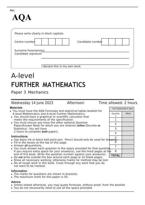 AQA A Level FURTHER MATHEMATICS Paper Mechanics JUNE QUESTION PAPER AND MARK SCHEME