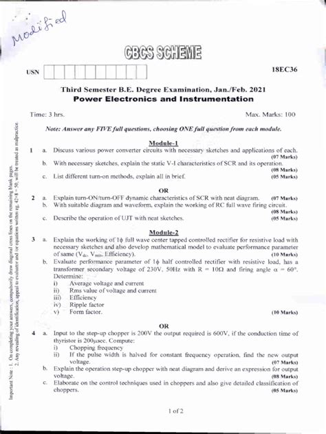 Vtu Exam Question Paper With Solution Of 18ec36 Power Electronics And Instrumentation Feb 2021