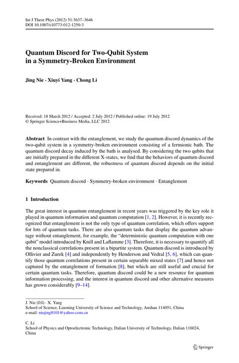 Pdf Quantum Discord For Two Qubit System In A Symmetry Broken Environment