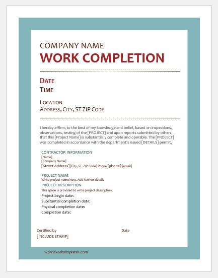 9 Best Work Completion Certificates For Ms Word Word And Excel Templates