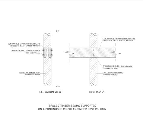 Spaced Timber Beams Supported On A Continuous Circular Timber Post Column Dwg Cad Detail