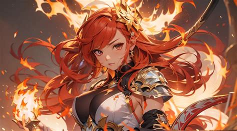 A Fiery Redhead Long Flame Goddess In A Flaming Undergarment Wields A Fire Whip、anatomically