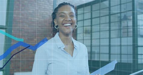 Animation Of Statistical Data Processing Over African American Woman Smiling At Office Stock