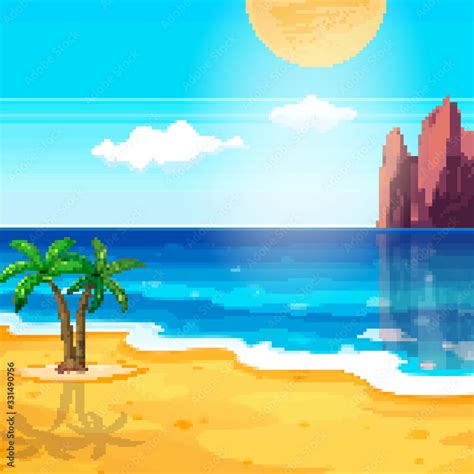 Pixel Background For Summer Vacationsummer Beach Game Background Pixel Art 8 Bit Stock 벡터