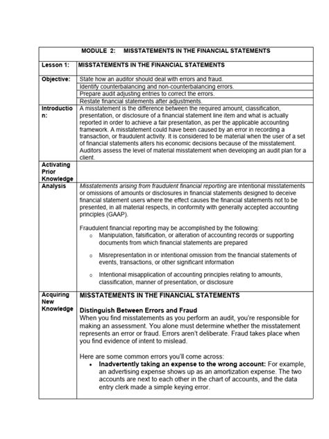 Module 2 Misstatement In The Financial Statements Pdf Debits And