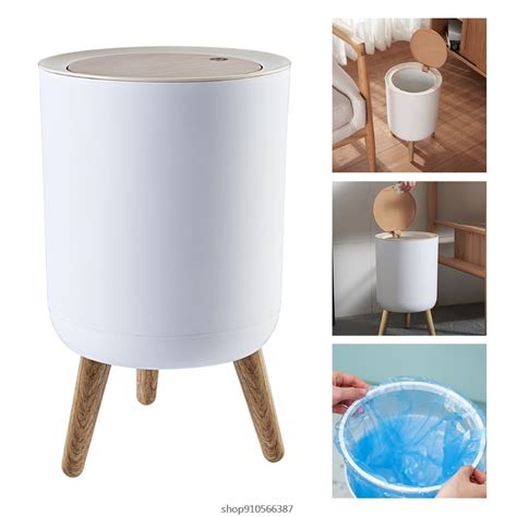크리에이티브 나무 쓰레기통 뚜껑 프레스 쓰레기 쓰레기통 높은 발의 쓰레기통 정리함 욕실 주방 도매 21 년휴지통 Aliexpress