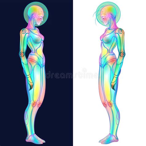 Portrait Of Robot Android Woman In Retro Futurism Style Vector Illustration Stock Vector