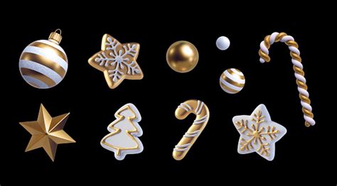 3d 렌더링 흰색과 금색 크리스마스 장식품 검은색 배경에 격리된 축제 클립 아트 요소 모음 0명에 대한 스톡 사진 및 기타 이미지 Istock