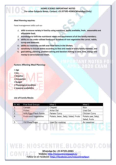 NIOS CLASS 10 HOME SCIENCE NOTES FOR EXAM