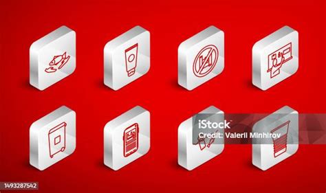 세트 라인 종이 유리 크림 화장품 튜브 비닐 봉지 포스터 오염 중지 바다 문제 물고기 관리 및 쓰레기통 아이콘을 참조하십시오 벡터 3차원 형태에 대한 스톡 벡터 아트 및