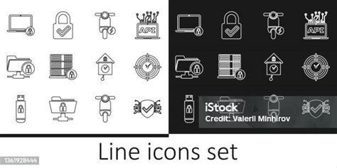 세트 라인 사이버 보안 시간 관리 전기 스쿠터 잠금 장치 서버 Ftp 폴더 및 노트북 복고풍 벽 시계 및 잠금 확인 표시 아이콘 벡터 Usb 케이블에 대한 스톡 벡터 아트