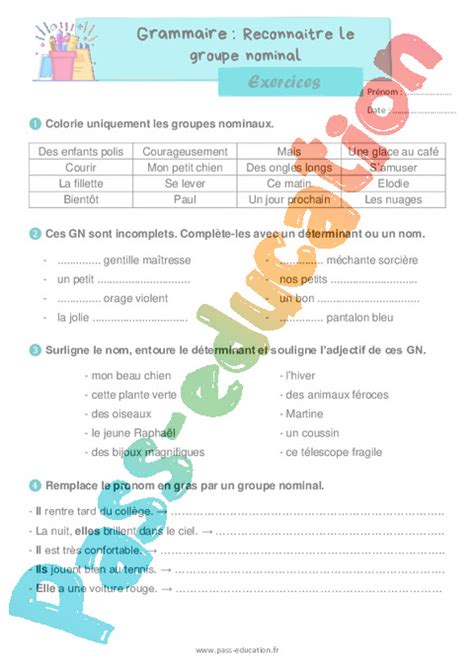Reconnaître Le Groupe Nominal Exercices De Grammaire Pour Le Ce1