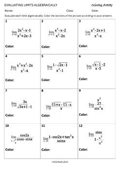 Evaluating Limits Algebraically Coloring Activity By Niki Math