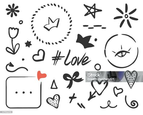 낙서 세트 사랑 개념 손으로 그린 프레임 심장 꽃 태양 활 테두리 화살표 별 낙서 된 고립 된 요소 검은 색 귀여운 스크랩북 웹 키트 아이콘에 대한 스톡 벡터 아트 및 기타