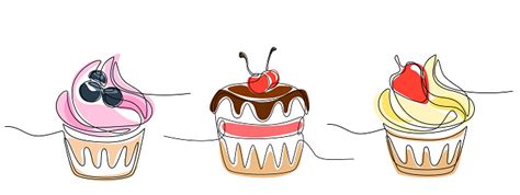 연속 선 그리기 스타일의 딸기를 곁들인 케이크 세트입니다 머핀 색깔 있는 모양의 컵케이크의 단일 한 줄 스타일 그림 달콤한 생과자 손으로 그린 낙서 개념 편집 가능한 획