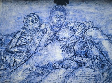 Original Draw Pasion Bed Blue Oil Pastel Big Size Format One Meter Love Lust Erotic Sex Passion