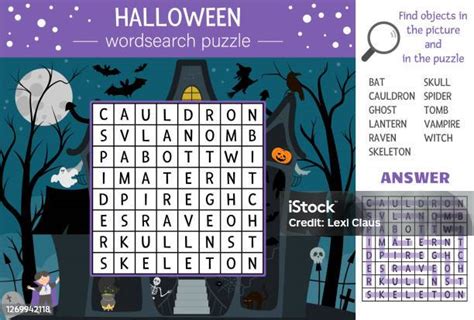 아이들을위한 벡터 할로윈 워드 서치 퍼즐 유령의 집과 아이들을위한 전통적인 무서운 개체와 간단한 크로스 워드 퍼즐 재미있는 마녀 뱀파이어 유령 박쥐와 교육 키워드 활동 0