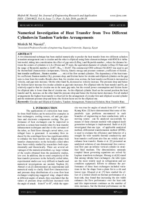 Pdf Numerical Investigation Of Heat Transfer From Two Different Cylinders In Tandem Varieties