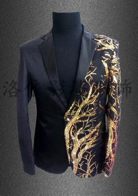 Free Ship Mens Stage Performance Blackred Sequins Embroidery Golden