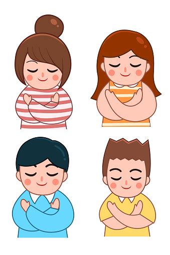 자신과 정신 건강 개념을 사랑하십시오 소녀와 소년이 자신을 껴안고 있다 만화 교육 학습 포스터를 위한 캐릭터 디자인 아이에 대한 스톡 벡터 아트 및 기타 이미지 Istock