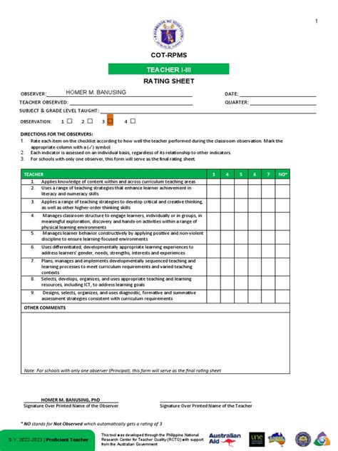 Cot Rating Sheet 2023 Pdf Teachers Learning