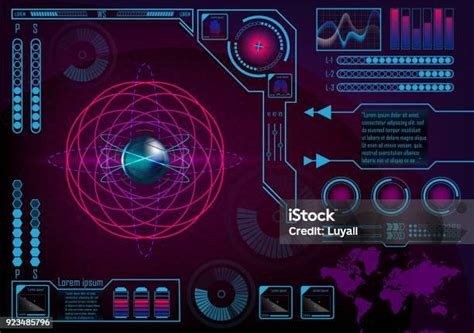 미래의 레이더 원자 사용자 인터페이스입니다 Hud입니다 인포 그래픽의 미래 파란색 배경입니다 세계 지도와 설정 Gui 홀로그램입니다 폐의 심장 배터리 벡터 Eps 10입니다
