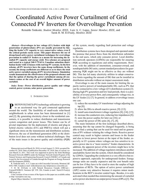 PDF Coordinated Active Power Curtailment Of Grid Connected PV Inverters For Overvoltage Prevention