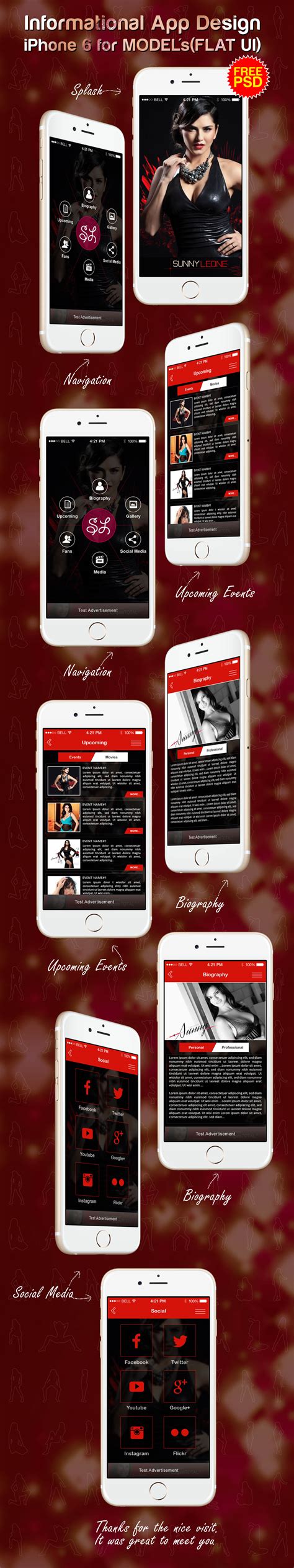 Informational App UI For Models FLAT UI PSD For Website Mobile App UI By Psdgang Com