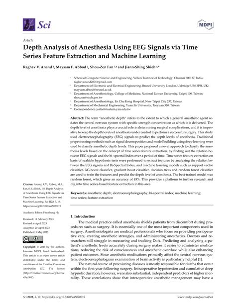 Pdf Depth Analysis Of Anesthesia Using Eeg Signals Via Time Series Feature Extraction And