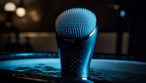 Premium Ai Image Blue Microphone On Table Illuminated By Spotlight In