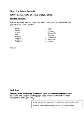 The Raven Analysis L2 Teaching Resources