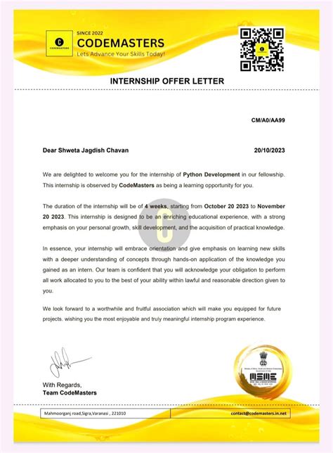 shweta chavan on linkedin i have got the offer letter from codemasters this offer letter is