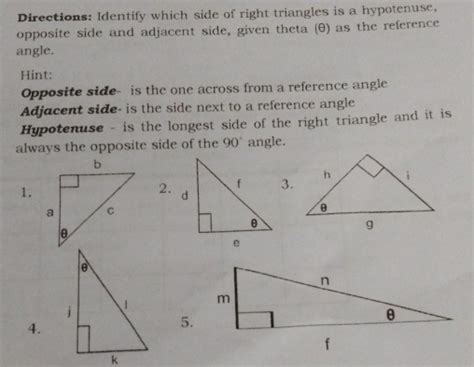Solved Directions Identify Which Side Of Right Triangles Is A Hypotenuse Opposite Side And