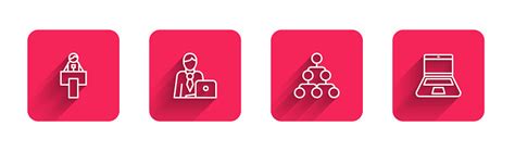 세트 라인 무대 스탠드 또는 트리뷴 사업가 계층 구조 조직 차트 및 긴 그림자가 있는 노트북 빨간색 사각형 버튼입니다 벡터 건축물에 대한 스톡 벡터 아트 및 기타 이미지