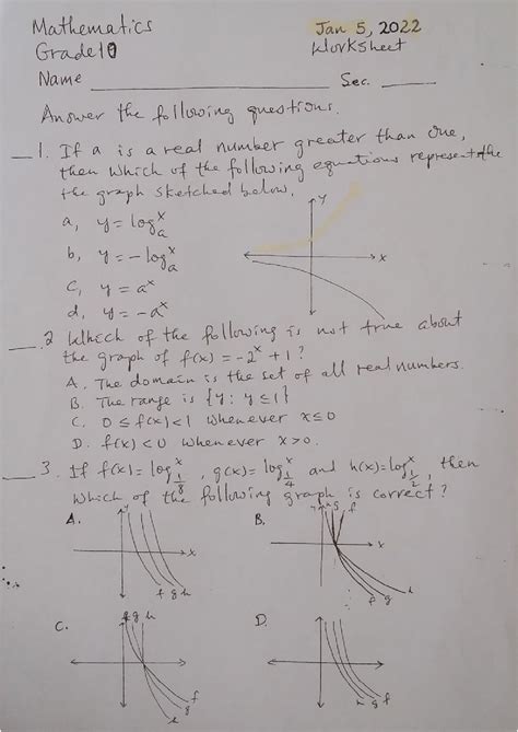 SOLUTION Worksheet On Graphs Of Exponential And Logarithmic Functions Studypool